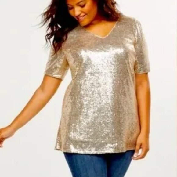 Lane Bryant | Tops | Lane Bryant Plus Size Gold Sequin Vneck Top Womens ...